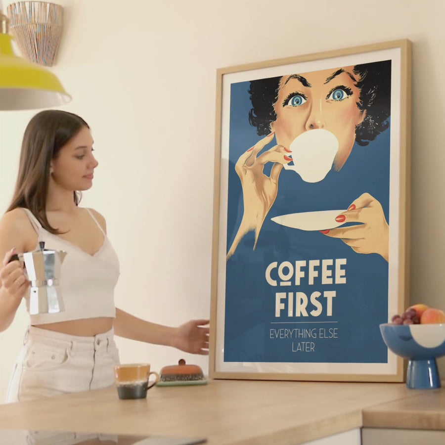 Coffee First Vintage Poster Print | Retro Print Merchants